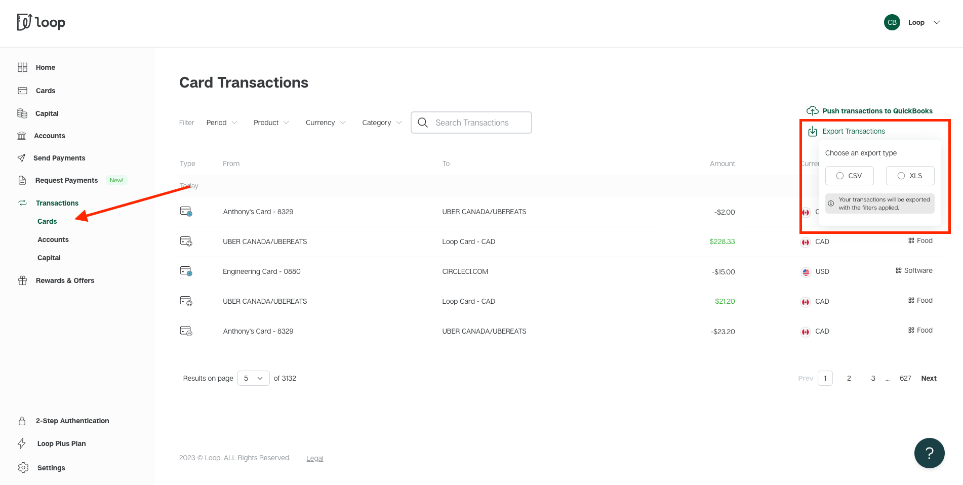 How to export transactions from Loop